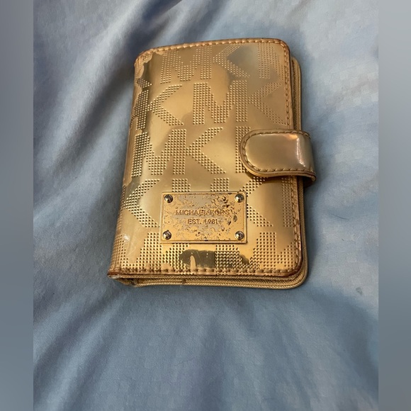 Michael Kors | Bags | Michael Kors Gold Metallic Monogrammed Wallet ...